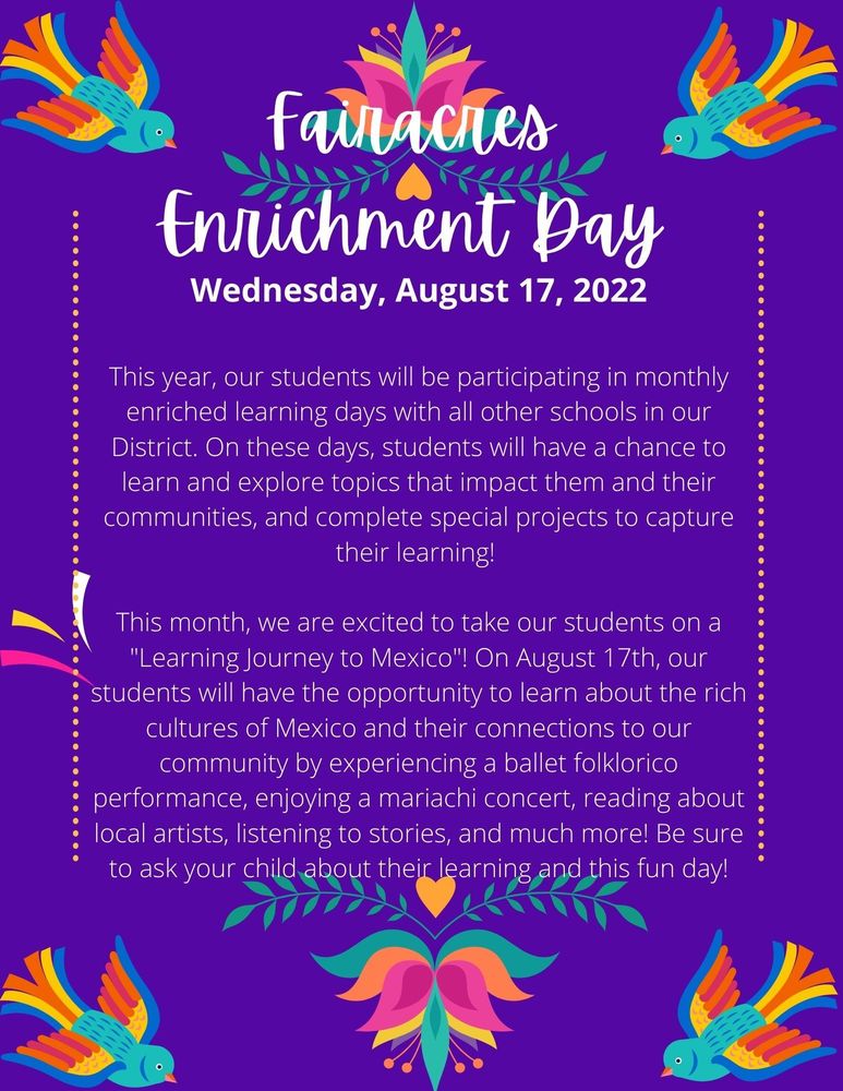 Enrichment Day-August 17! | Fairacres Elementary School