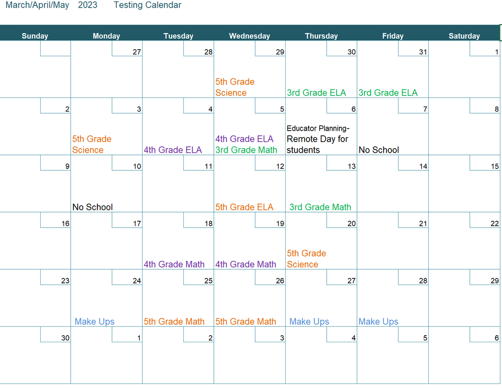 Hillrise Elementary Spring Testing Calendar | Hillrise Elementary School